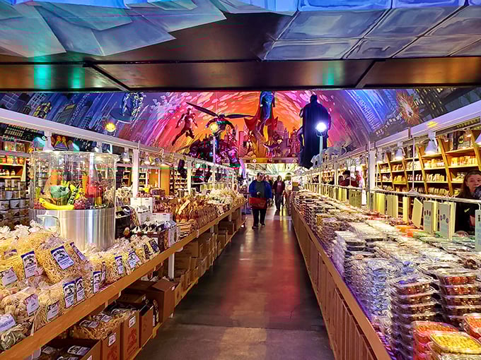 Step inside and look up – psychedelic murals transform ordinary shopping into a journey through fantastical worlds where calories don't count.