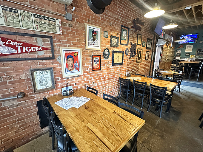 Baseball memorabilia transforms brick walls into a Tigers fan's dream cave, where every bite comes with a side of nostalgia and craft beer.