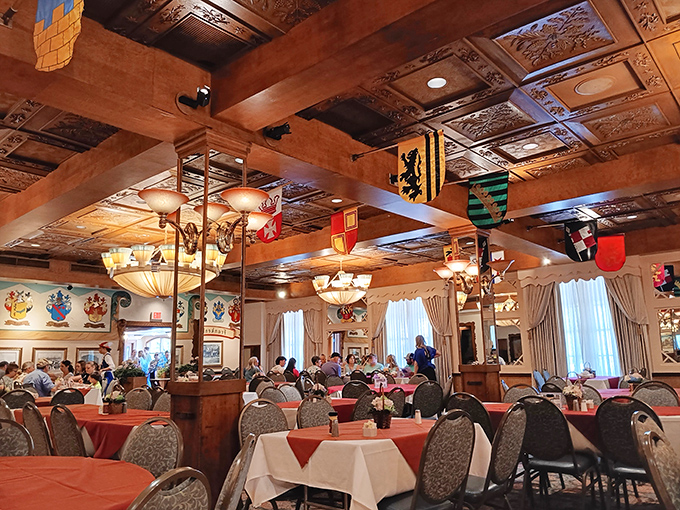 Inside, the Old World craftsmanship creates an atmosphere where schnitzel and good vibes flow freely all day long.