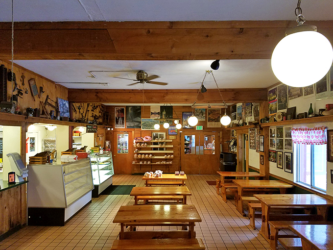 Rustic wooden beams and cozy seating create the perfect atmosphere for contemplating how many donuts is too many donuts (spoiler: there's no limit).