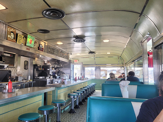 Interior: Step inside and travel back to simpler times &ndash; turquoise booths, chrome accents, and that unmistakable curved ceiling create diner perfection.