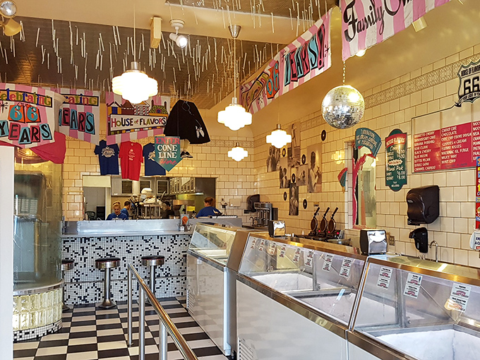 Step into a time warp where vinyl records meet ice cream dreams&mdash;the retro interior whispers sweet nothings to your inner child.