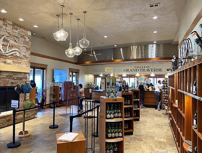 Step inside the welcoming tasting room, where rustic elegance meets wine country charm under soft pendant lighting.