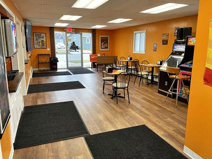 Step inside to a warm orange oasis where vinyl records line the walls and the vibe says "relax, stay awhile" &ndash; this ain't your average fast food joint.