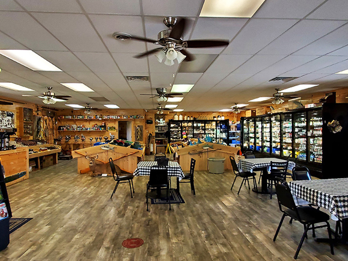 Checkered tablecloths and wood-paneled charm create the kind of authentic dining space where conversations flow as easily as the local brews.