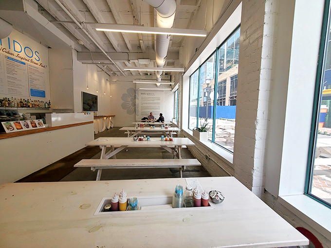 Clean, bright interiors with communal picnic tables invite you to settle in and stay awhile &ndash; this isn't fast food, it's food worth savoring.