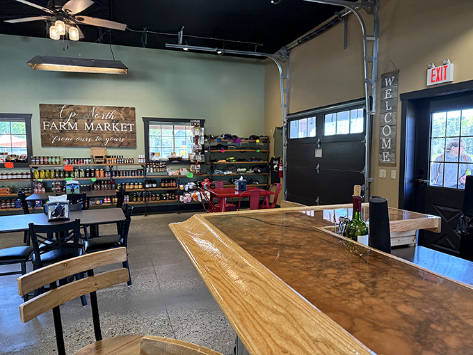 Inside the market, rustic meets refined with wooden displays showcasing local treasures. That "WELCOME" sign isn't kidding around.