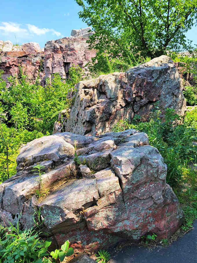Mother Nature's color palette on full display &ndash; rusty pinks and weathered reds create a stunning contrast against Minnesota's clear blue skies.