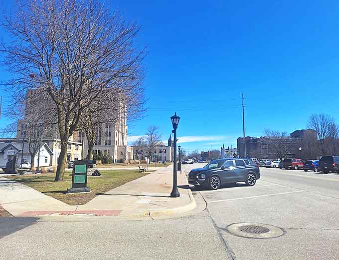 Historic architecture frames Bay City's streets, where vintage lampposts stand guard over brick buildings that have witnessed a century of Michigan stories.