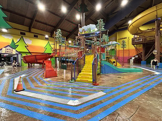 Colorful water slides twist and turn through the air like giant plastic spaghetti, promising thrills for the brave.