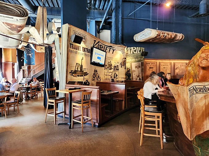 Step inside and you're transported to a bygone era where news was printed, not clicked, with vintage headlines and suspended newsprint rolls.