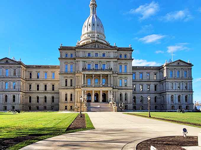 The Michigan State Capitol stands proudly in downtown Lansing, its distinctive dome gleaming in the sunlight. This National Historic Landmark has been the seat of state government since 1879.