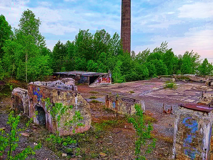 Nature stages its slow-motion takeover, brick by brick, as wildflowers and saplings reclaim what was once a cathedral of copper production.