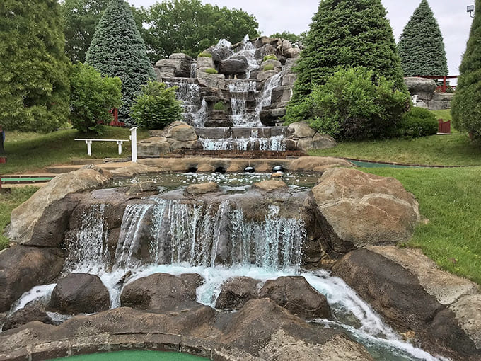This cascading waterfall adds peaceful ambiance to your mini golf game, proving that putting can be both competitive and zen.