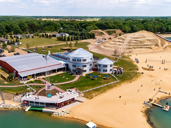 Bird's eye brilliance reveals Lake Arvesta's thoughtful layout, where silver silo-inspired architecture meets nature's playground in perfect harmony.