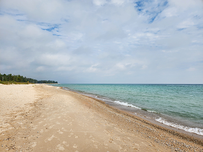 The gentle meeting of sand and water creates a peaceful shoreline retreat where footprints disappear with each incoming wave.