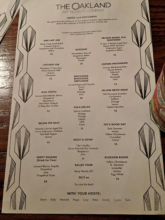 The menu reads like a novel where each cocktail is a character with its own fascinating backstory and personality, from "Beetlejuice, Beetlejuice" to "One Last Job."