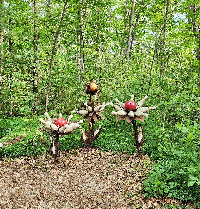 "Bowling Flowers" burst from the forest floor in vibrant rebellion &ndash; Mother Nature meets bowling alley in this whimsical trio.