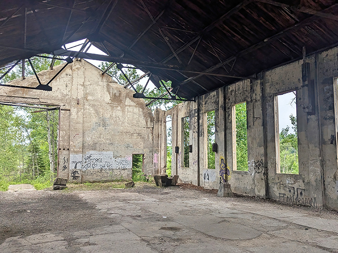 Sunlight streams through a roofless relic, painting shadows across concrete where workers once toiled and machinery once roared.