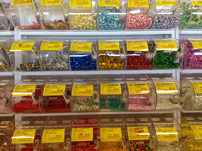 A rainbow of sugary delights awaits in these perfectly aligned candy bins &ndash; decision paralysis has never been so delicious.