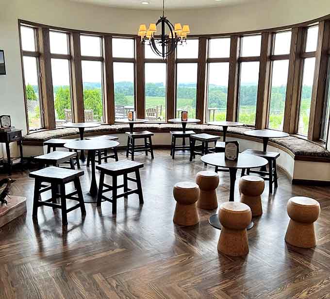The tasting room's panoramic windows frame vineyard views so perfect they look Photoshopped, even in person.