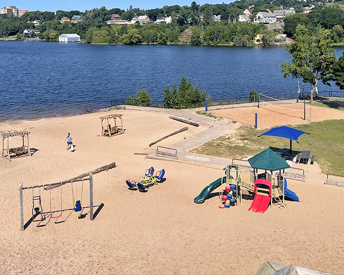 Kestner Waterfront Park's playground paradise offers lake views for parents and slide thrills for kids &ndash; childhood memories in the making.