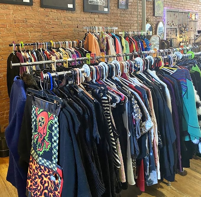 Racks of carefully curated clothing offer everything from Victorian-inspired pieces to punk rock staples, each with its own mysterious history.
