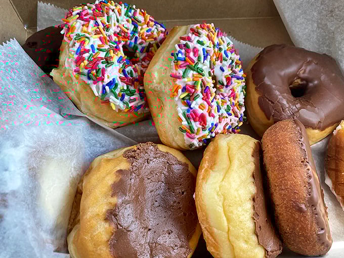 Rainbow sprinkles, chocolate glaze, and classic glazed perfection prove that sometimes the simplest pleasures are the most satisfying ones available.