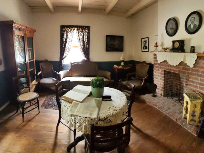 No Netflix needed in this cozy drawing room where conversation and needlework were the premium entertainment package.