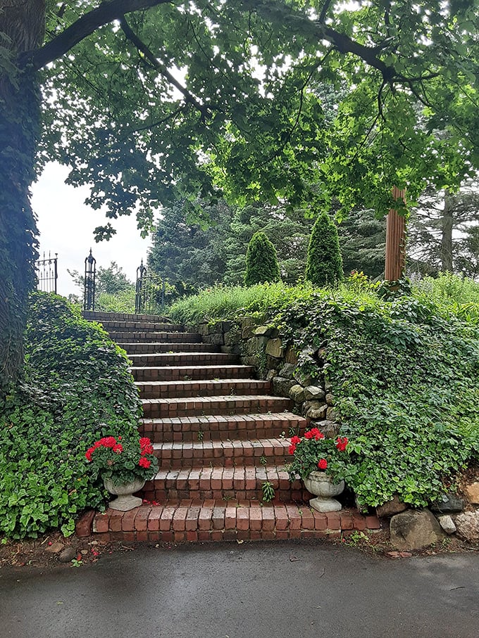 Brick steps flanked by lush greenery create an enchanting pathway to adventure, each step promising new discoveries ahead.