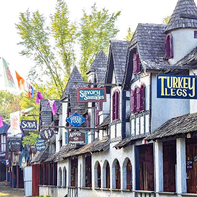 The village marketplace offers everything from "Savory Sausages" to "Turkey Legs" – medieval fast food that puts modern drive-thrus to shame.