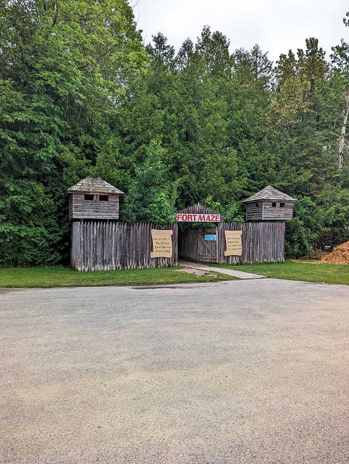 Fort Maze stands guard like a rustic time machine, challenging visitors to navigate its wooden labyrinth without getting delightfully lost.