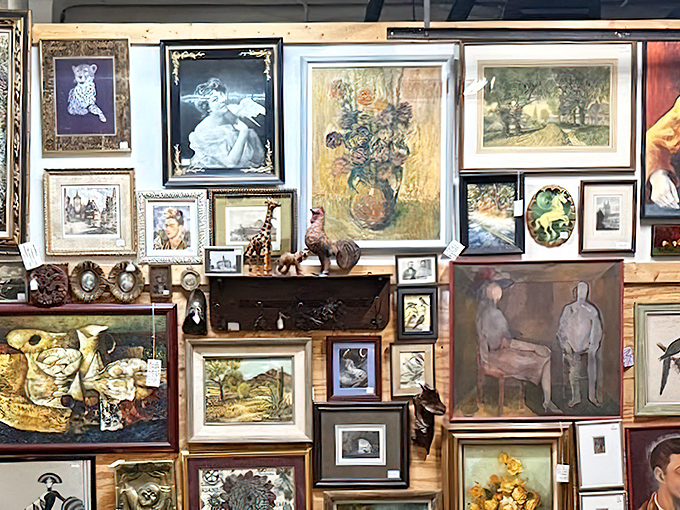 Wall-to-wall artwork creates a gallery effect, with frames from every era showcasing forgotten masterpieces.