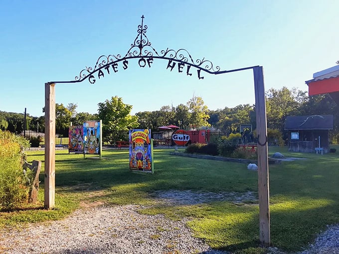 The Gates of Hell archway offers the perfect photo op for visitors wanting proof they've crossed into Michigan's most infamous town.