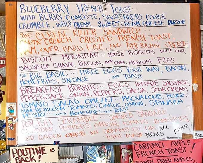 Handwritten food poetry that changes with the kitchen's mood, featuring breakfast creations that sound illegal but taste divine.