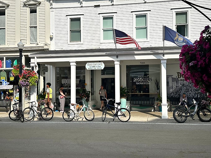 Good Day Cafe offers island visitors a perfect pit stop for caffeine and treats, with bicycles parked outside ready for the next scenic adventure.