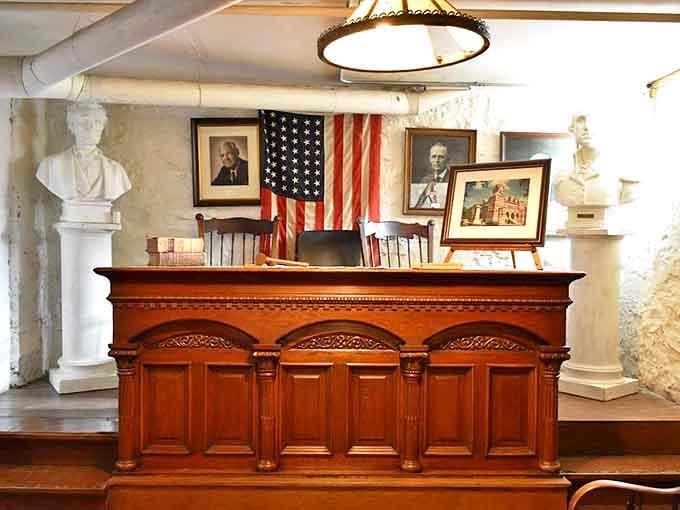 Justice was served at this meticulously recreated historic courtroom exhibit, complete with judge's bench and American flag backdrop.