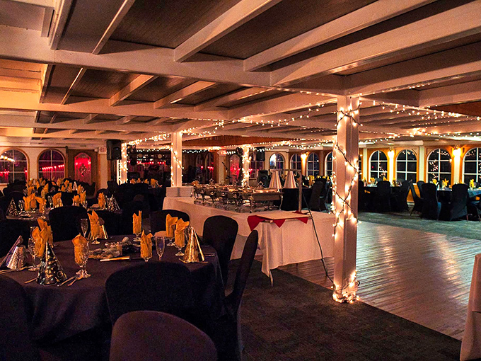 The grand salon transforms for evening events, with twinkling lights creating the perfect atmosphere for both dining and crime-solving.