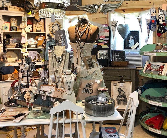 Vintage mannequins display an eclectic collection of jewelry and accessories, where statement pieces wait to find their perfect match.