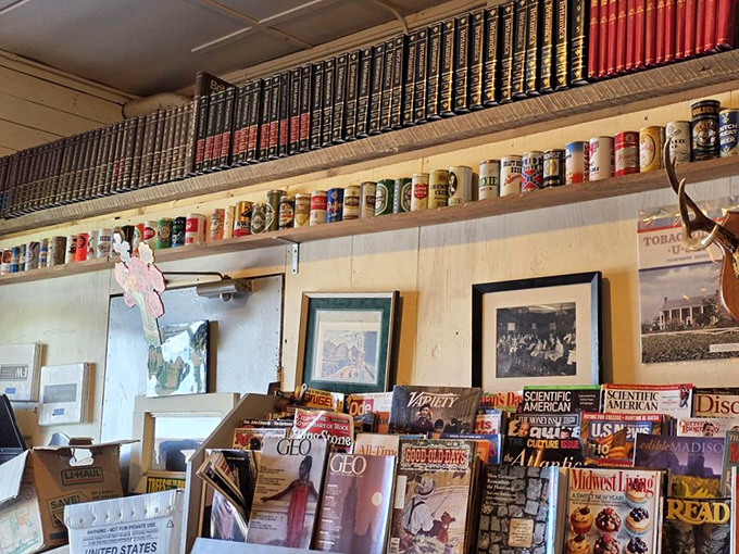 Vintage encyclopedias line the upper shelves while contemporary magazines below create a delightful time-travel experience for browsers.