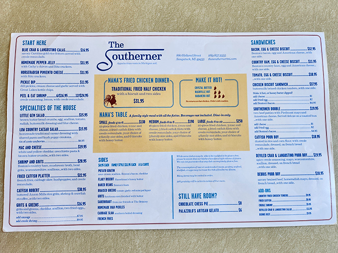 The menu reads like a love letter to Southern cuisine, with Nana's Fried Chicken taking center stage among regional classics.
