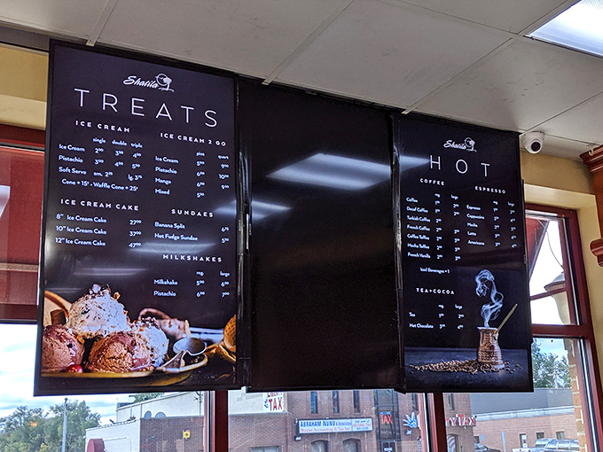 The menu board tempts with possibilities &ndash; from classic baklava to refreshing ice cream treats, each promising a journey through Middle Eastern flavors.