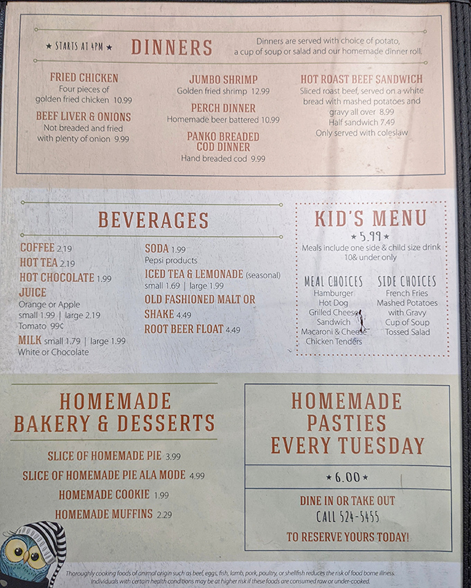 A menu that reads like a love letter to comfort food, with dinners starting at 4 PM for those who believe pie o'clock comes right after.