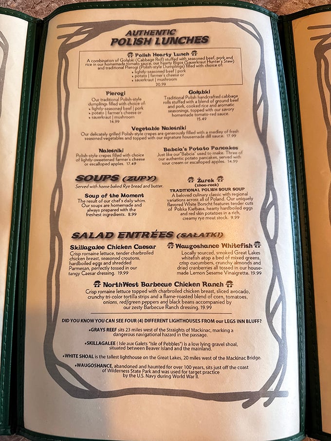 The menu showcases authentic Polish specialties, with descriptions that might have you attempting to pronounce "Waugoshance" after your second vodka.