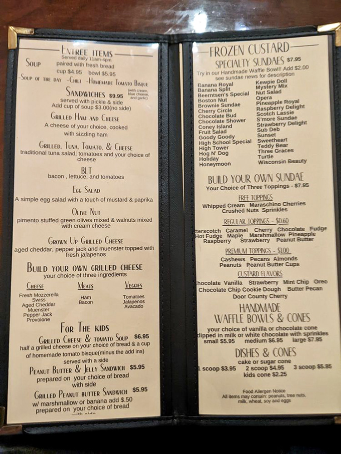 A treasure map of deliciousness – from classic grilled cheese to elaborate sundaes with names like "Wisconsin Beauty" and "High Tower," each promising its own sweet adventure.