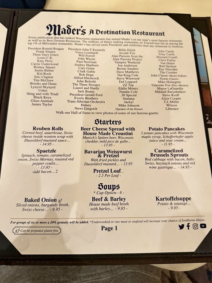 Menu: A treasure map of German culinary delights, featuring everything from Reuben rolls to sauerbraten, with a celebrity hall of fame that reads like a who's who.