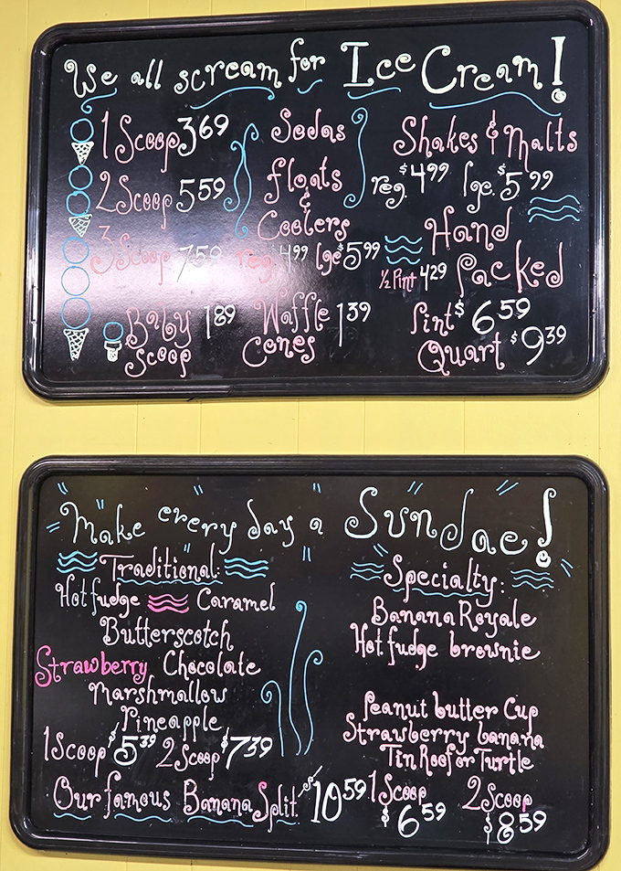 The hand-lettered chalkboard menu promises delights from simple scoops to elaborate sundaes &ndash; each one a potential memory in the making.