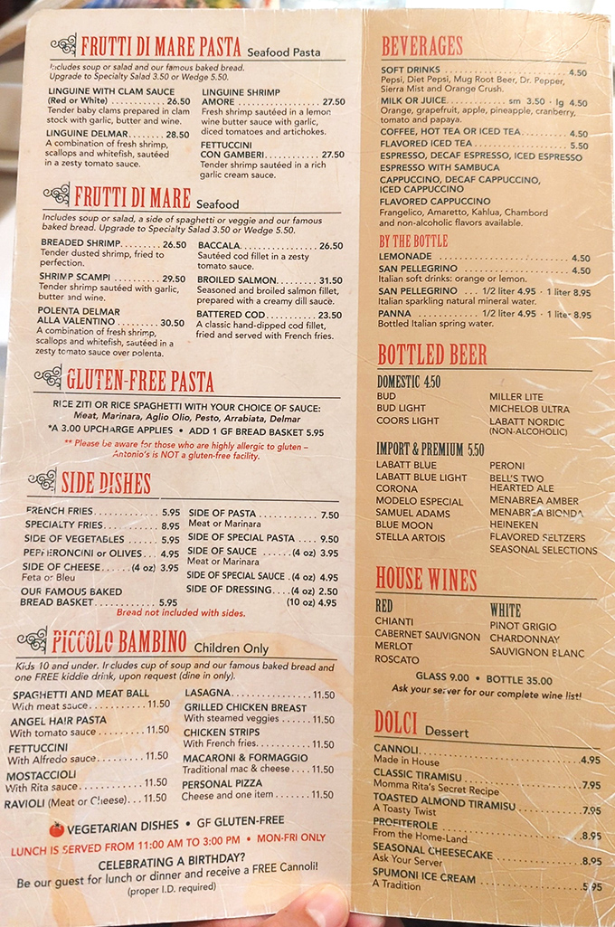 The menu reads like a love letter to Italian cuisine, with seafood specialties and house-made pasta taking center stage.