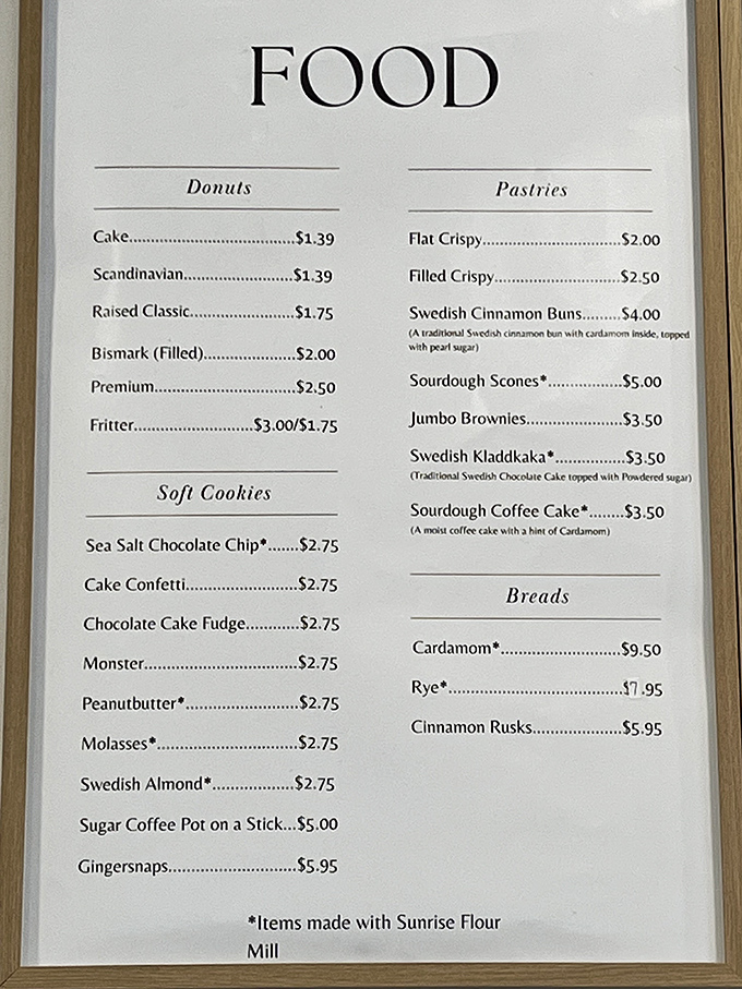 The menu board reads like a Swedish grandmother's recipe collection, featuring authentic treats that connect visitors to Minnesota's rich Scandinavian heritage.