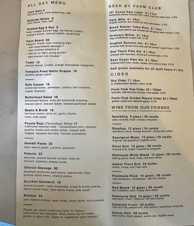 The menu reads like poetry &ndash; seasonal offerings from kohlrabi sticks to walleye, each celebrating Michigan's abundant harvest.